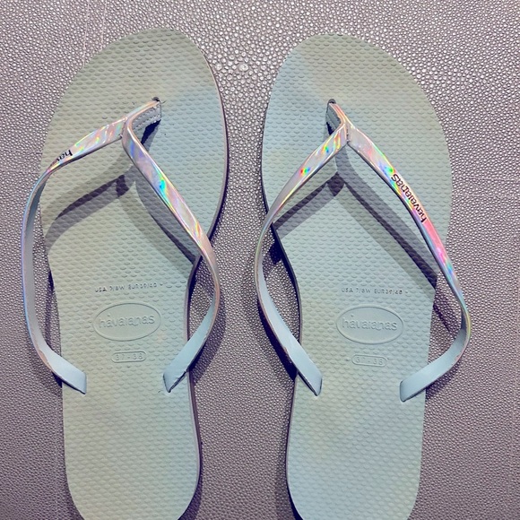 Havaianas | Shoes | Havaianas Womens Silver Flip Flops With Blue Soles ...